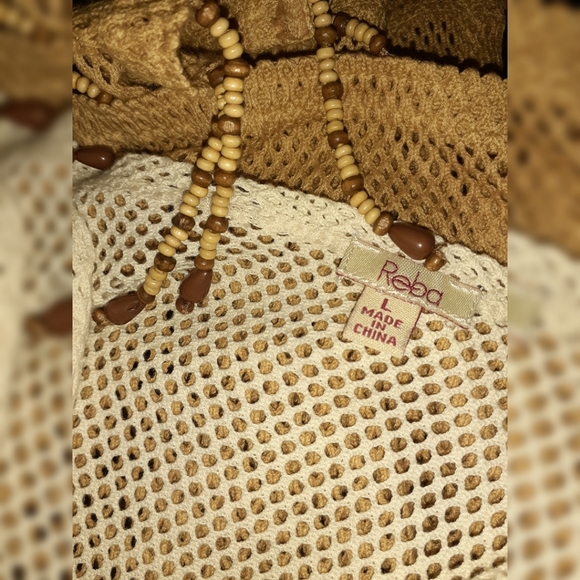 Reba | Sweaters | Reba Crochet Fringe Open Front Cardiganwood Beads ...